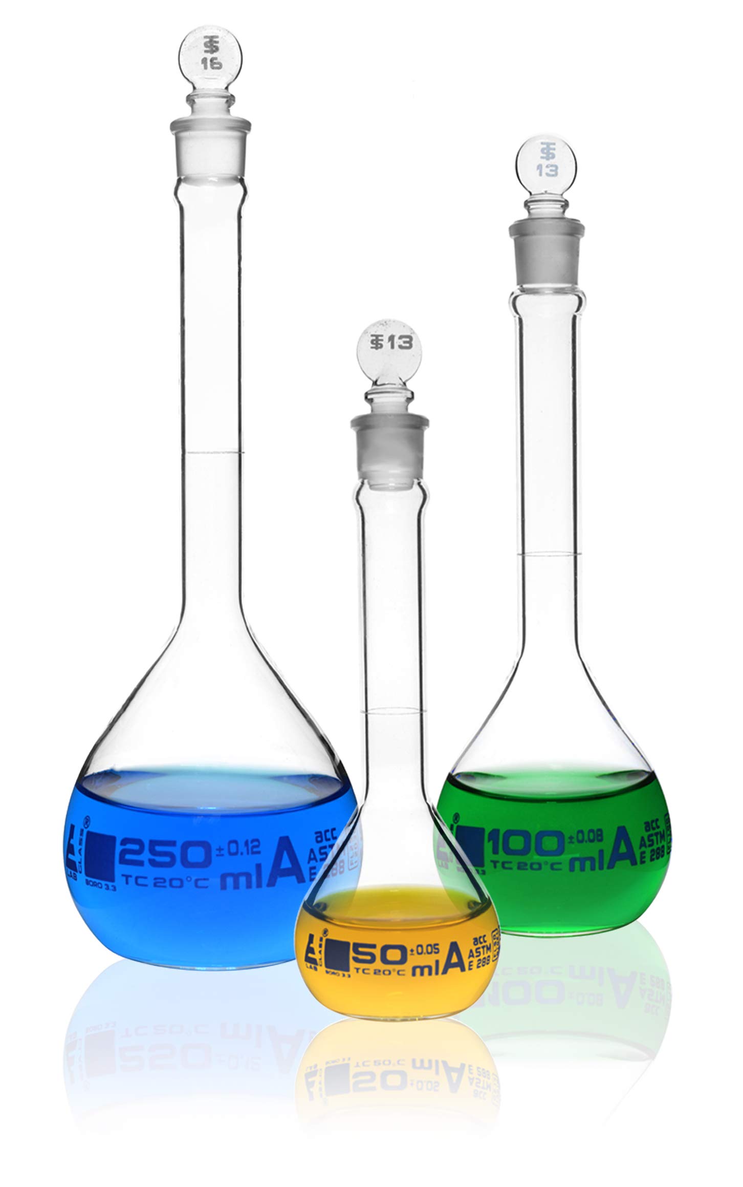 EISCO Premium Volumetric Flask Set - 50ml, 100ml & 250ml - Class A, ASTM E288 - Superior Durability & Chemical Resistance - Glass Penny Stoppers - Borosilicate 3.3 Glass