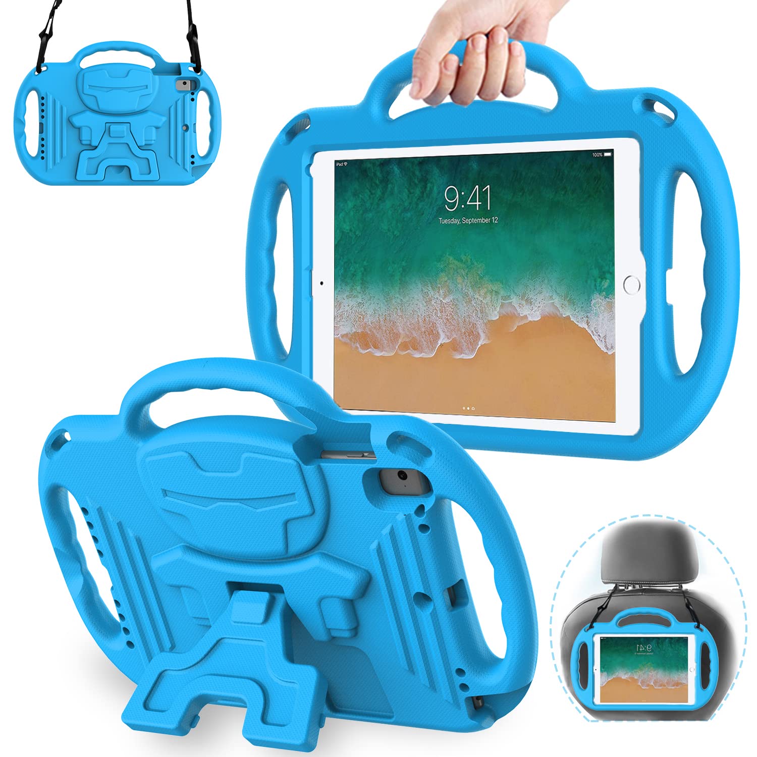 AVAWO Kids Case for 9.7" iPad 6th Generation Kids Case, iPad 5th Generation Case, iPad Air 2 Case - with Shoulder Strap, Shockproof Handle Stand Cover for iPad 9.7" 2017(5th Gen) 2018 (6th Gen)-Blue