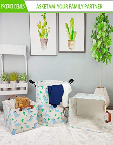 ASKETAM Fabric Laundry Basket Canvas Laundry Hamper for Dirty Clothes Toy Organizer Kid Nursery Room Decor Basket (Blue dinosaur)