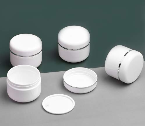 JQYXSS 4 Pieces Empty White Silver Edge Plastic Jar,Face Cream Lip Balm Lotion Storage Container for Cosmetic, Lotion, Cream