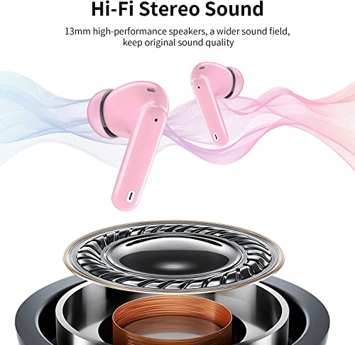 Active Noise Cancelling Wireless Earbuds in-Ear Bluetooth Headphones, IPX7 Waterproof Hi-Fi Stereo Earphones for Smart Phone Computer Laptop (Pink)