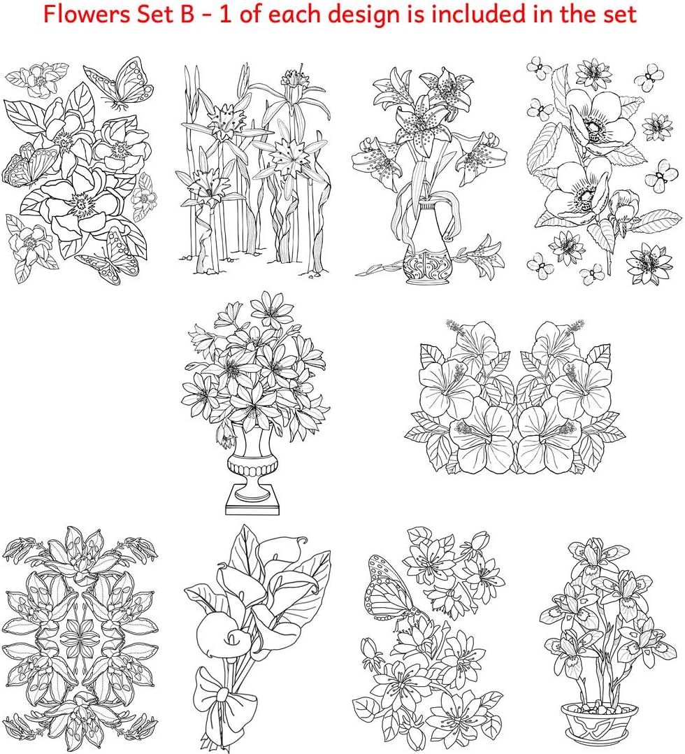 Art Eclect Adult Coloring Flower Greeting Cards for Birthdays, Anniversary, Thank You and Sympathy Cards (10 Cards and 10 Envelopes, Set Flowers B/Pink)