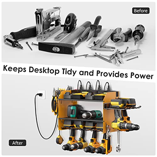CCCEI Modular Power Tool Organizer Wall Mount Charging Station, Yellow 6 Drills Holder with 8 Plug Power Strip, Garage Drill Battery Heavy Duty Metal Shelf, Utility Rack with Hooks, Side Storage.