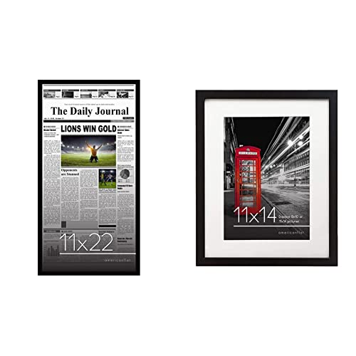 AmericanflatAmericanflat 11x22 Newspaper Frame In Black & 11x14 Black Picture Frame - Displays 8x10 With Mat or 11x14 Without Mat - Composite Wood with Shatter Resistant Glass