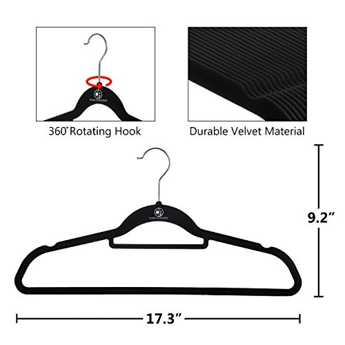 Closet Accessories, Black velvet hangers, ultra slim space saving, notches, tie bar, swivel hook, 30 pack, with bonus 20 matching velvet finger clips