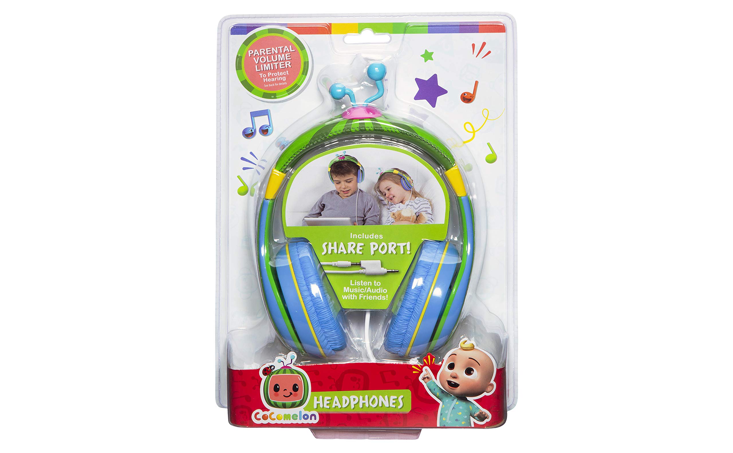 eKids Cocomelon Headphones for Kids, Wired Headphones for School, Home or Travel, Tangle Free Toddler Headphones with Volume Control, 3.5mm Jack, Includes Headphone Splitter