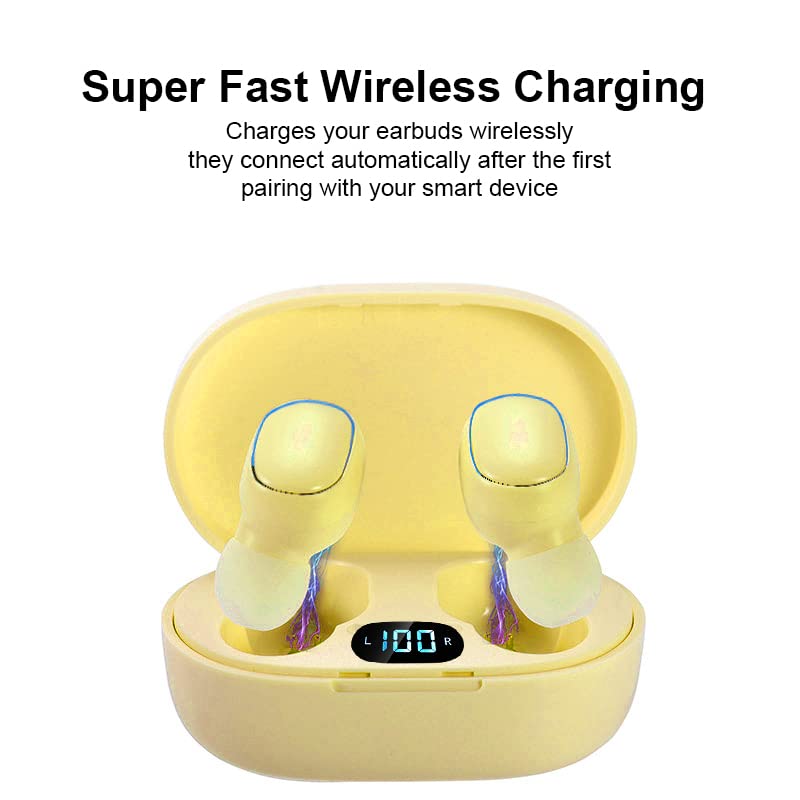 Acuvar Fully Wireless Bluetooth 5.0 Rechargeable iPX4 Water & Sweat Proof Earbud Headphones w Microphone, Touch Controls, Smart LCD Charging Case, 3D Stereo Bass and Noise Cancelling (Yellow)
