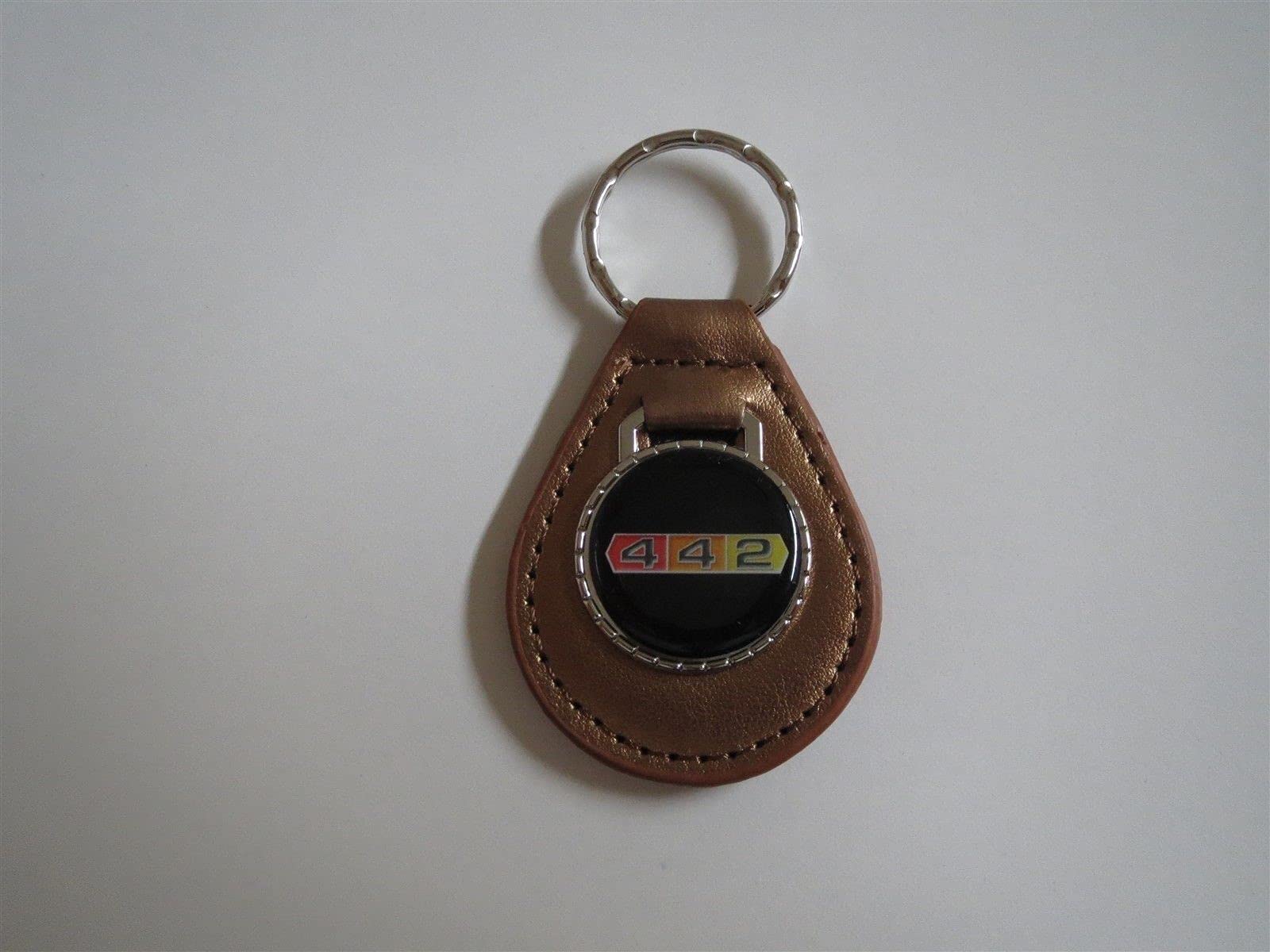 1965 1966 1967 1968 OLDS 442 4-4-2 TRI COLOR LOGO LEATHER KEYCHAIN - GOLD