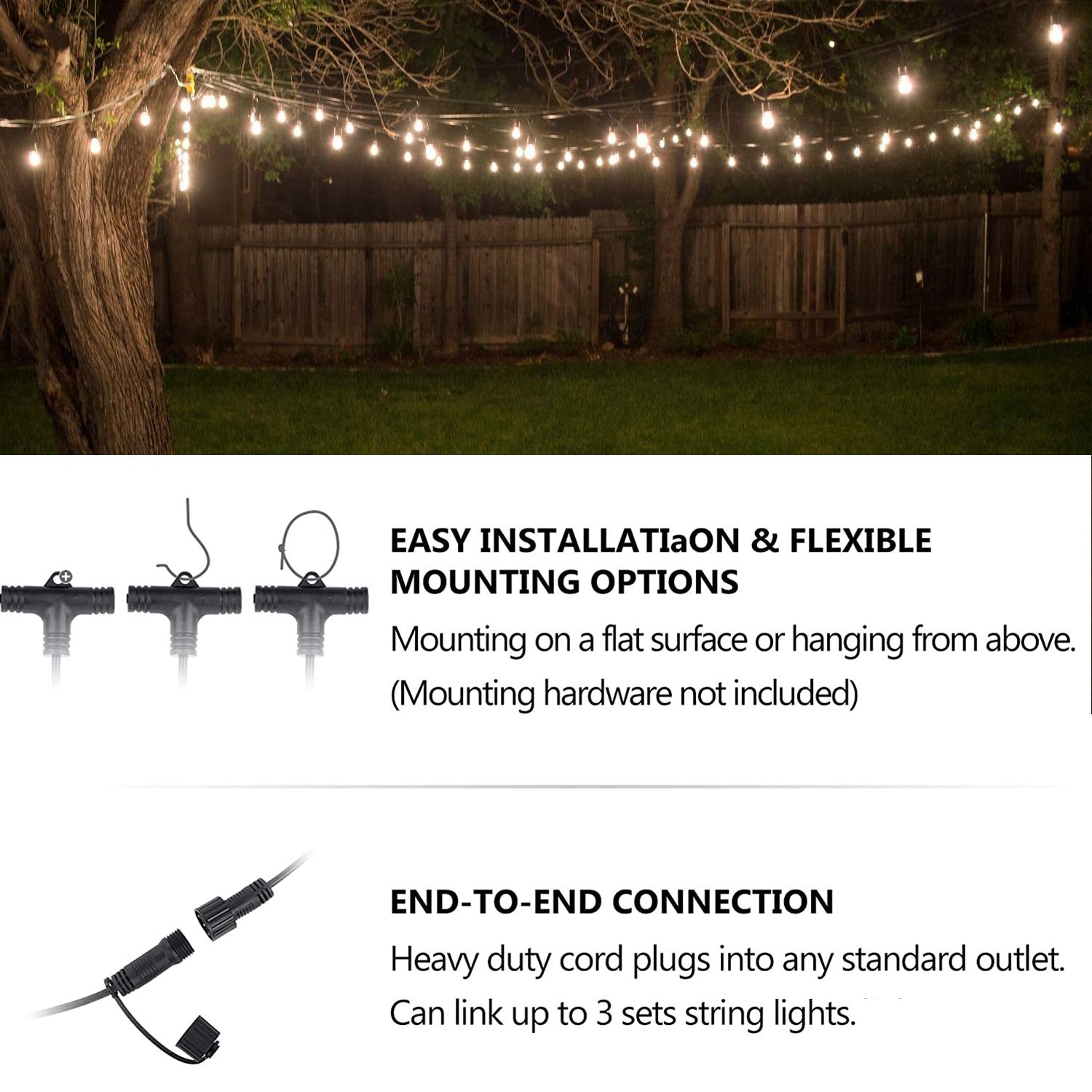 ANBRITE LED Outdoor Garden String Lights Solar Powered, 48FT Hanging 15+1 LED Edison Bulbs E27 Sockets Indoor/Outdoor Festoon Lighting for Party, Wedding Warm White Commercial Grade Connectable