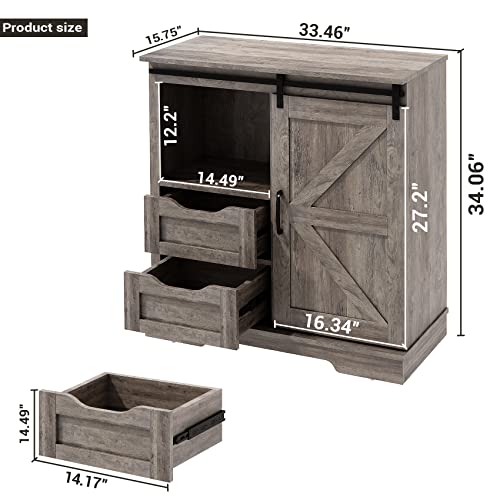 Ahvqevn Farmhouse Coffee Bar Cabinet, 33.64" Coffee Bar Cabinet with 2 Drawers and 3 Open Storage Shelf, Kitchen Hutch Buffet Storage Cabinet Design for Kitchen, Living Room, Entryway, Grey
