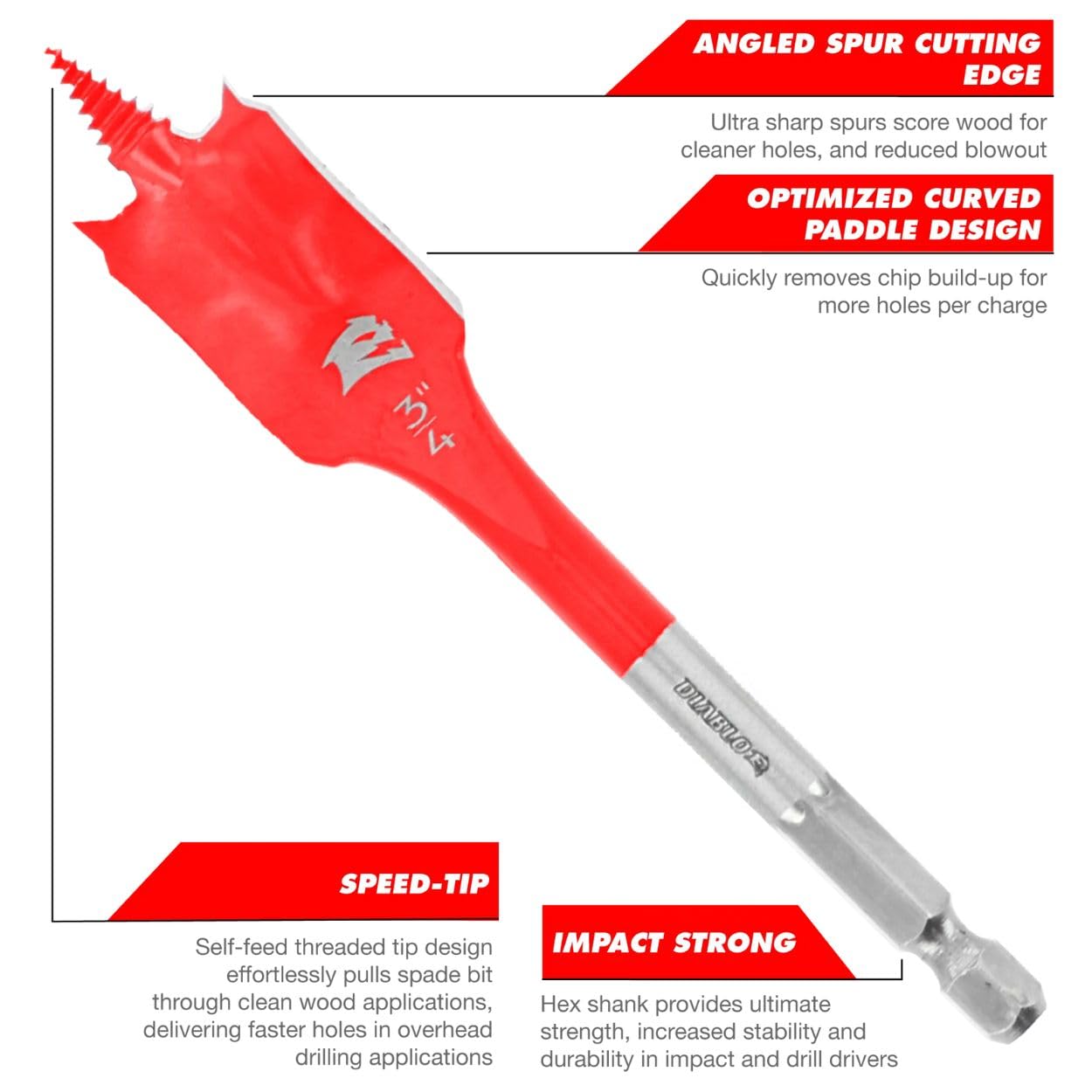 Diablo Spade Bit for Wood - Speed-TIP Design - Curved Paddle - 1/2" Diameter, 1/4" Hex Shank, 6" Length - DSP2050