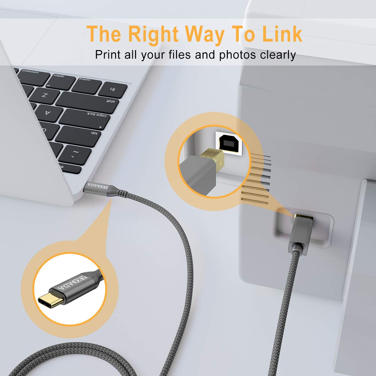 USB C Printer Cable 15ft, AkoaDa USB B To USB C Cable Compatible With MIDI, Piano, MacBook Pro, iPad Pro, HP Canon Printers, Lexmark, Brother, Xerox, MacBook Air And More Type-C Devices/Laptops (Grey)