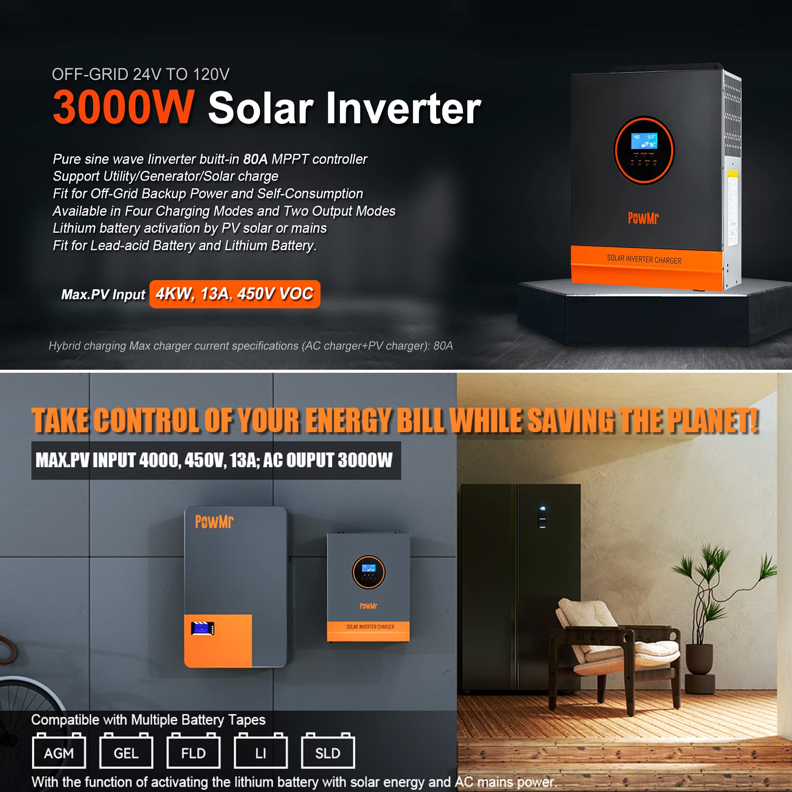 3000W Solar Inverter 24v to 110V AC, Off-Grid Power Inverter Pure Sine Wave Built in 80amp MPPT Controller, for 24V Lead Acid/Lithium Batteries