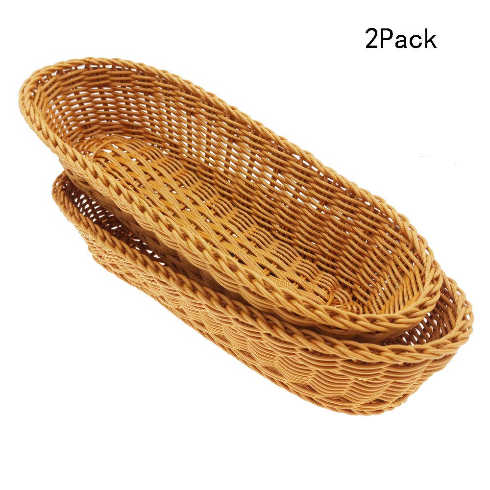 14"Poly-Wicker Bread Basket, Woven Tabletop Food Fruit Vegetables Serving, Restaurant Serving Basket,Brown(2 PACKS)¡