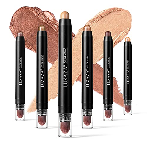 LUXAZA 6 PCS Brown Neutral Metallic Eyeshadow Stick,Champagne Brown Cream Shimmer Pencil Crayon,Eye Brightener Stick Highlighter Eye Liner Pen,Pro Waterproof & Long Lasting Eye Shadow Stick Makeup