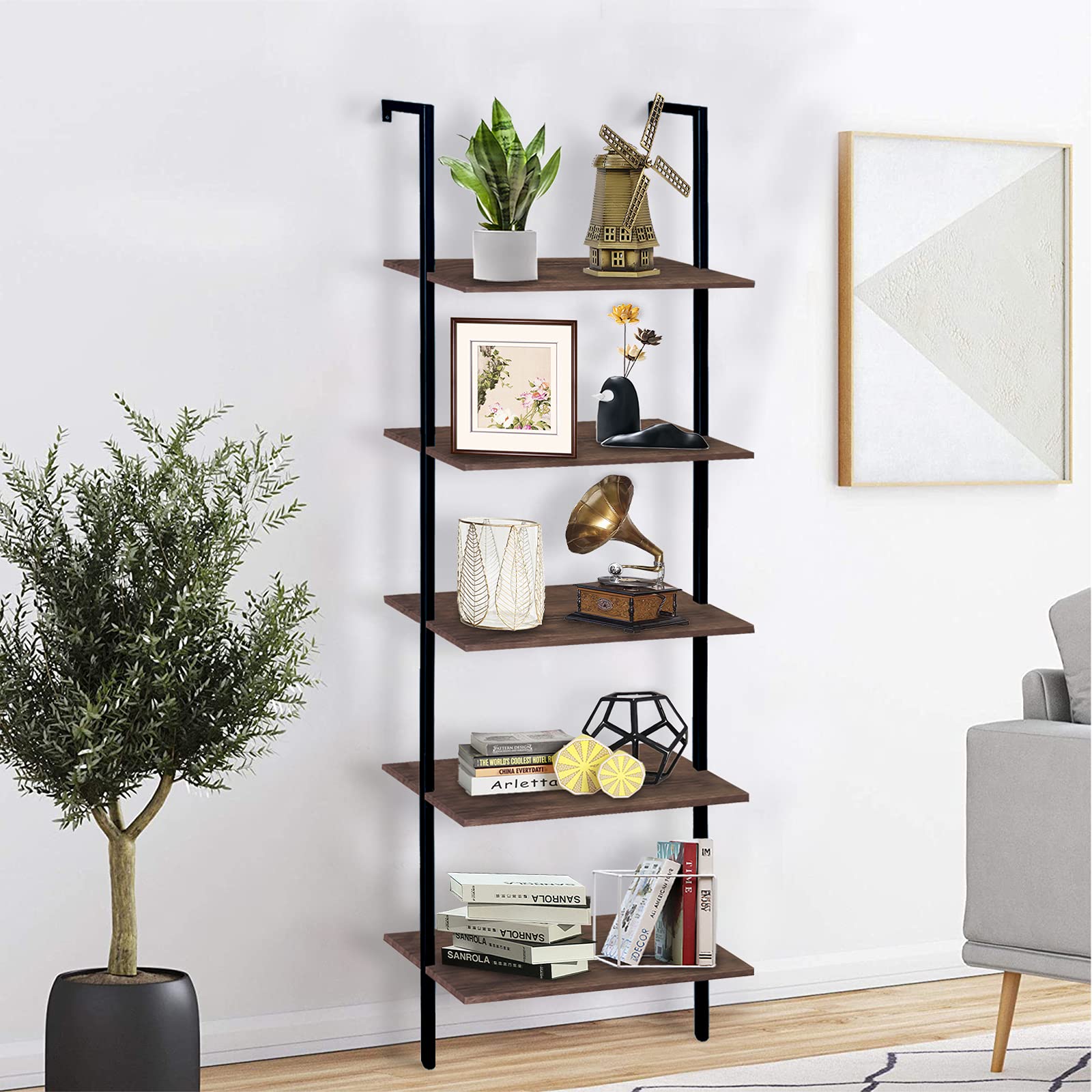 aboxoo Ladder Shelf Open Bookshelf 5-tier Wall-mounted Wood Bookcase Storage Rack Open back Industrial Modern Plant Flower Stand Utility Organizer Bookcase Metal Frame Furniture Office Kitchen Bedroom
