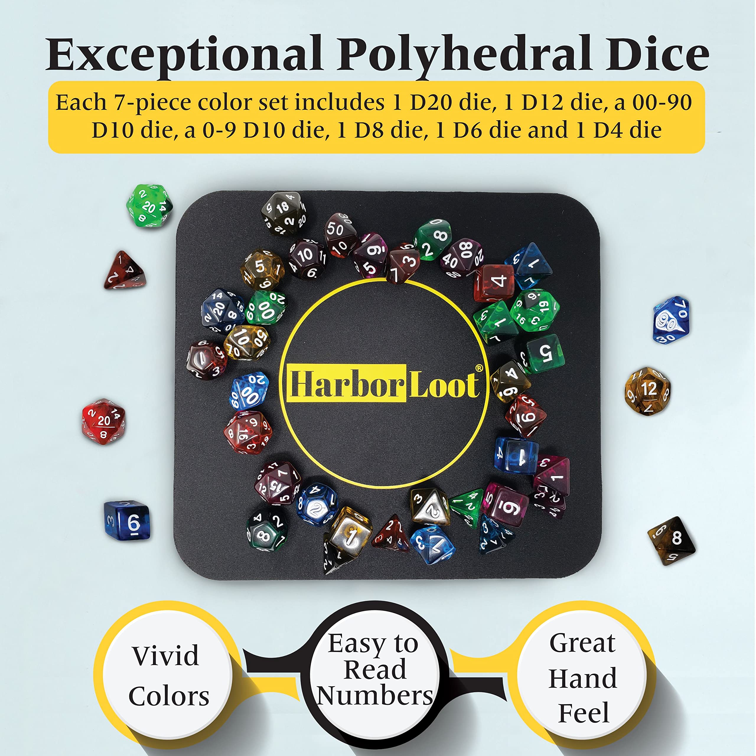 35 Piece Dice Collection Includes 5 RPG Dice Sets in Red, Green, Yellow, Purple and Blue. 7-pc Polyhedral Dice Sets Include D20 dice, D12 dice, D10 dice/percentile dice, D8 dice, D6 dice and D4 dice
