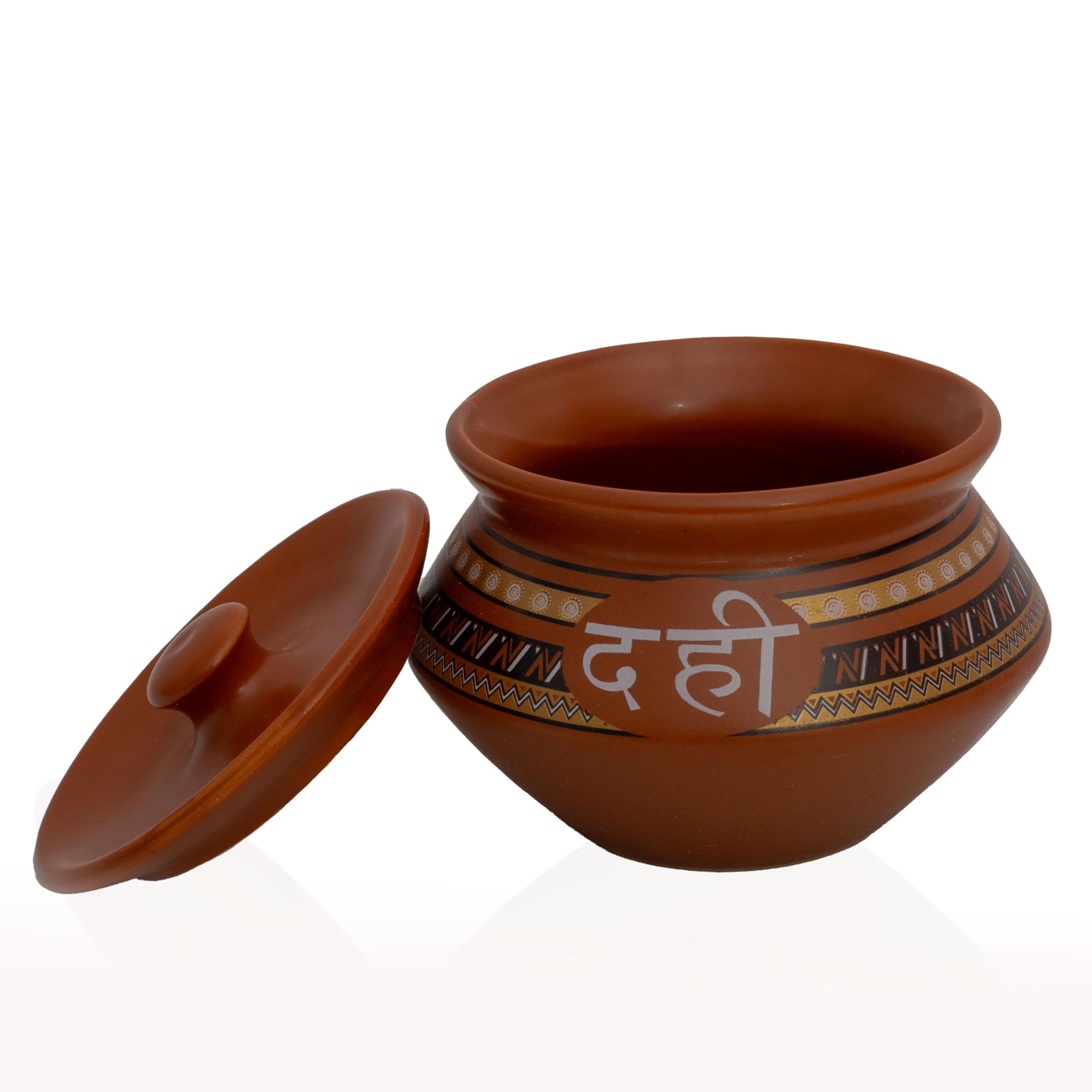 5 Inch Handmade Traditional Dahi Handi Yoghurt Curd Serving Bowl Pot Storage Container With Lid, Earthenware Clay Terracotta Artisanal Pottery, Brown Food Safe Natural Reusable Rustic Eco Friendly