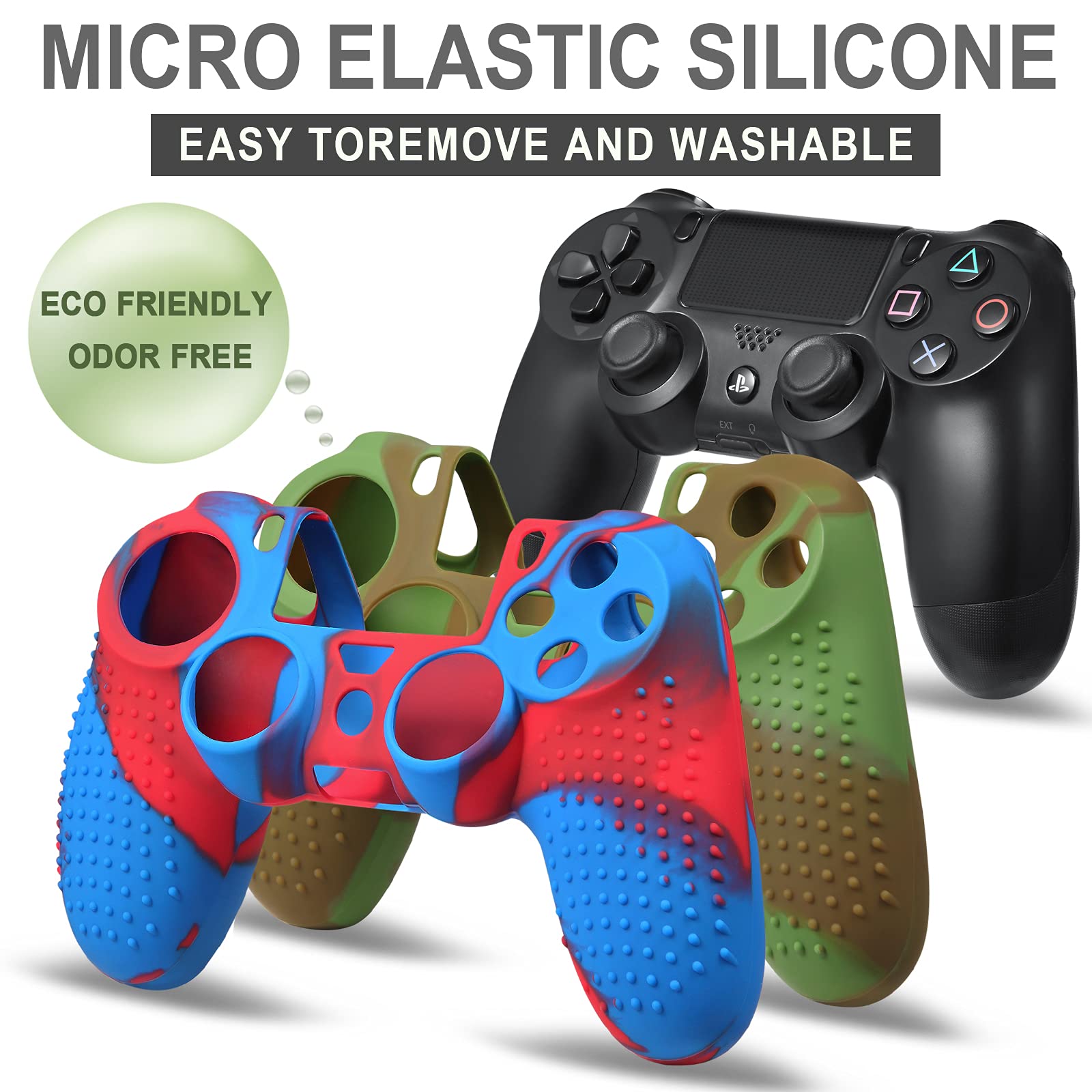 2 Pack Studded Anti-Slip Silicone Cover Skin for Sony PS4 DualSense Controller, Soft Rubber Case for Playstation 4 Wireless Controller with 10 x Pro Thumb Grip Caps (Camo Green Brown,Camo Red Blue)