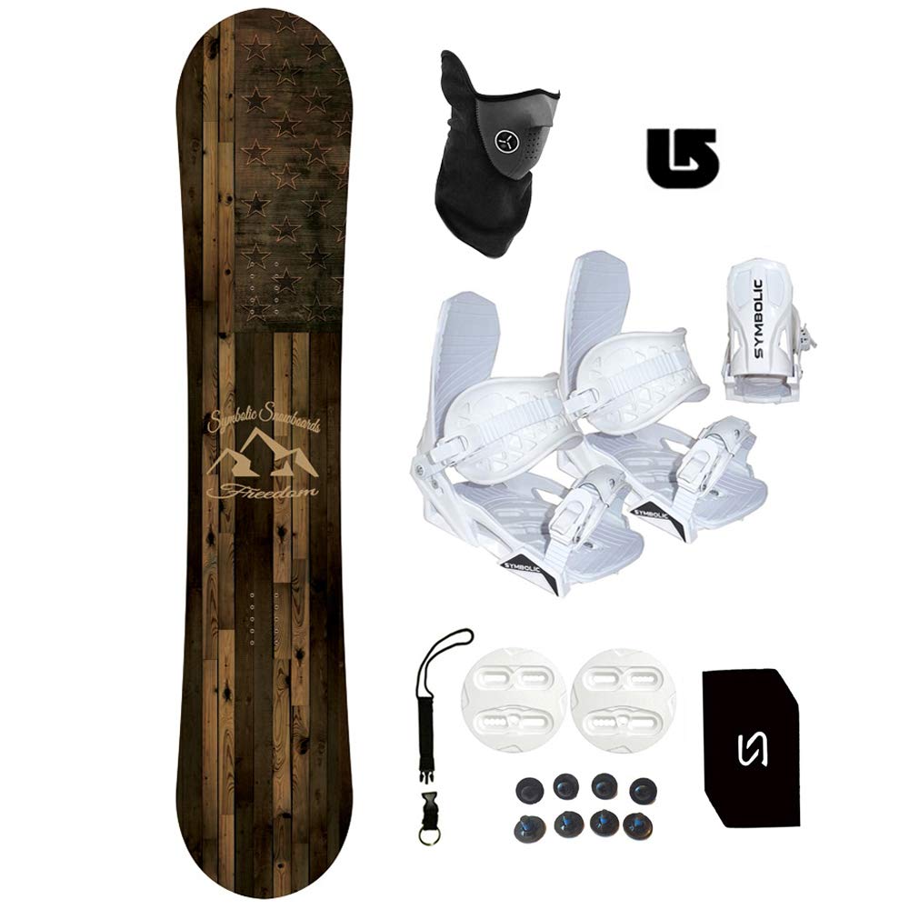 140-155cm Symbolic Freedom Snowboard +Wht Bindings Package +Leash+Stomp+Face Mask+Burton Decal (Bindings White S/M Men(fit 5-8.5), 145cm Hybrid Rocker)