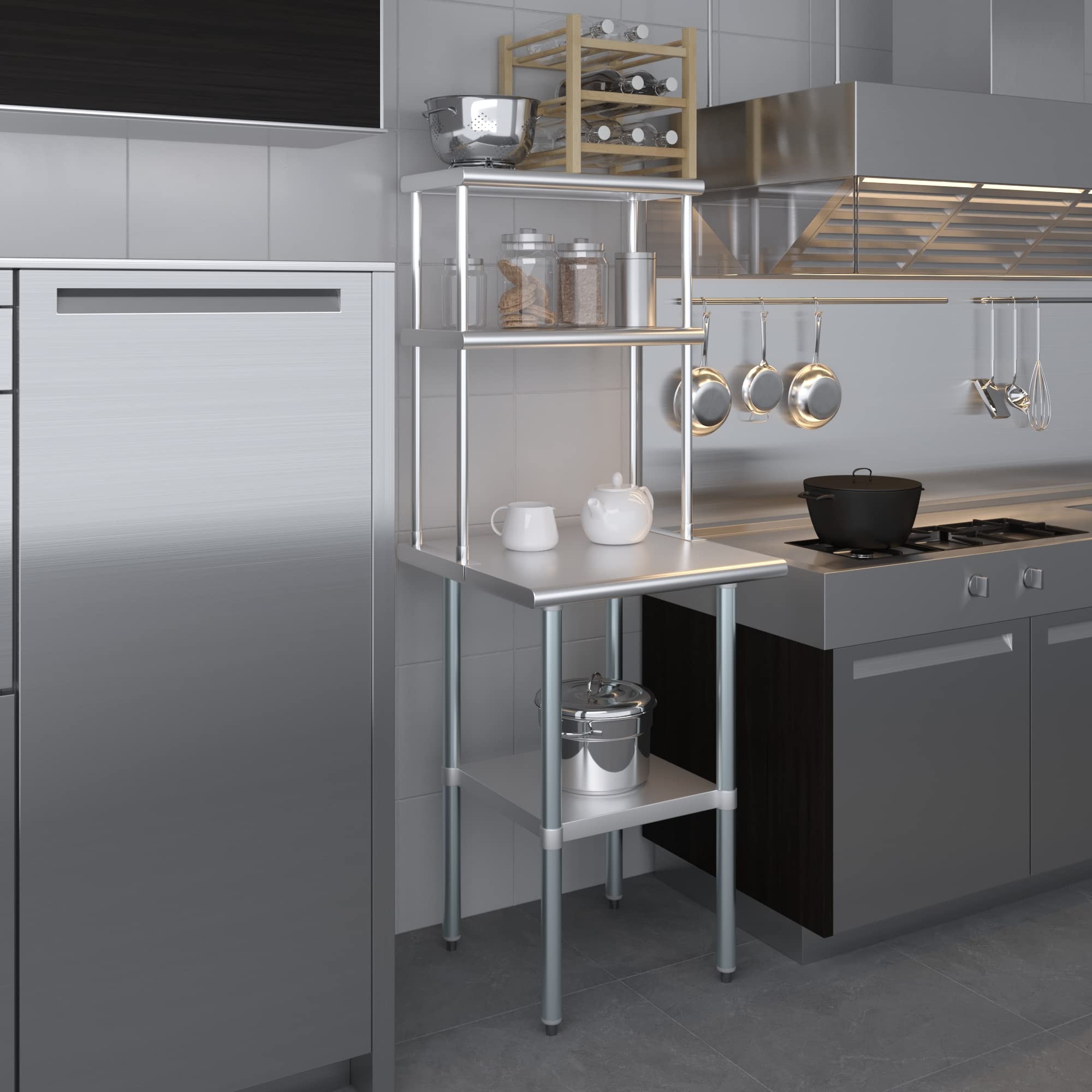 AmGood 24" x 24" Stainless Steel Work Table with 12" Wide Double Tier Overshelf | Metal Kitchen Prep Table & Shelving Combo