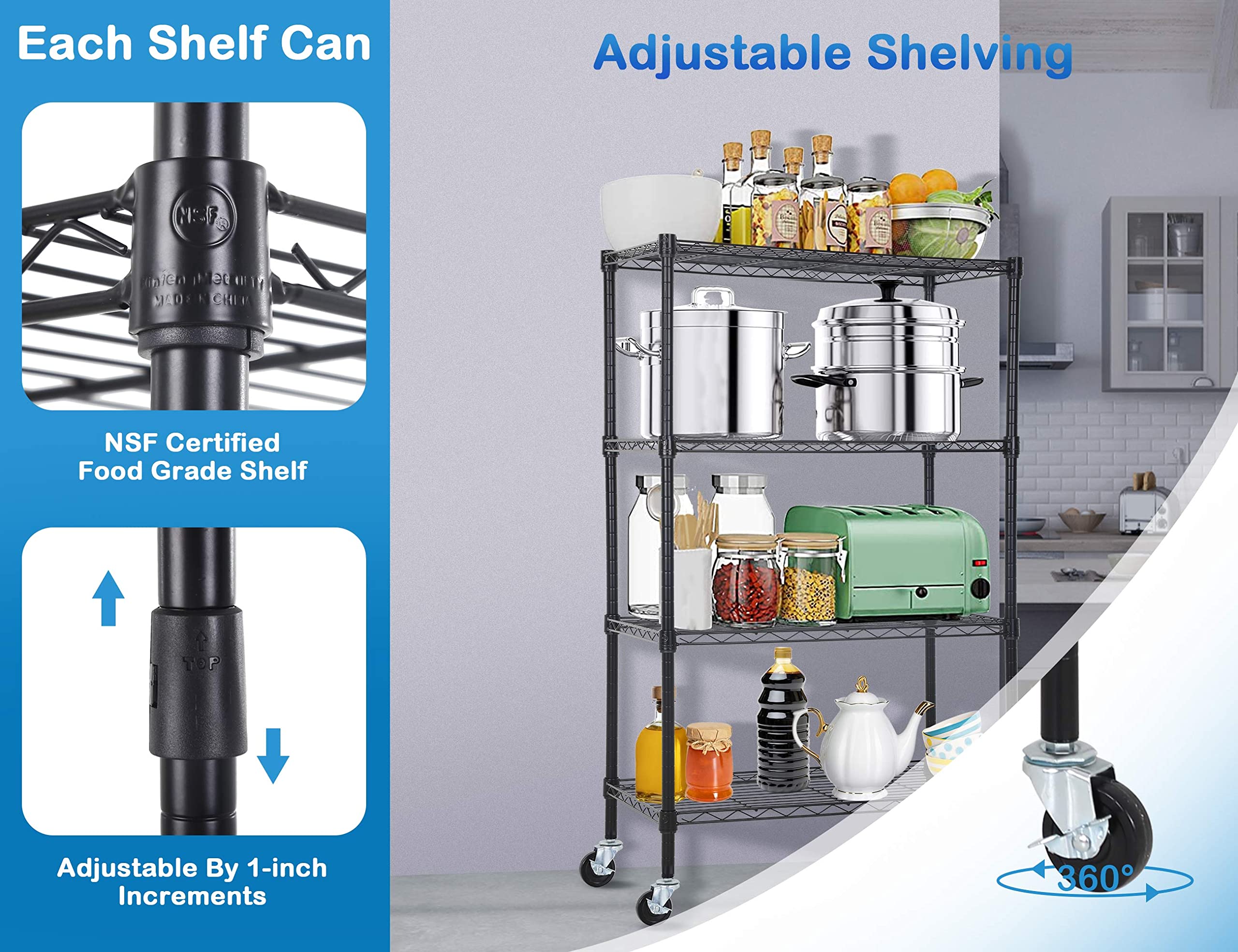 4-Tier Kitchen Storage Shelves Wire Shelving, Adjustable Storage Shelf Metal Storage Rack on Wheels, Shelf Unit Organizer for Kitchen Bread Microwave Oven Stand, 35.6"L x 14"W x 61.8"H, Black
