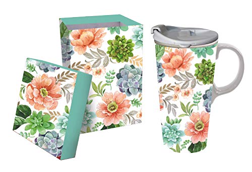 Cypress Home Fresh Succulents Ceramic Travel Cup - 5 x 7 x 4 Inches