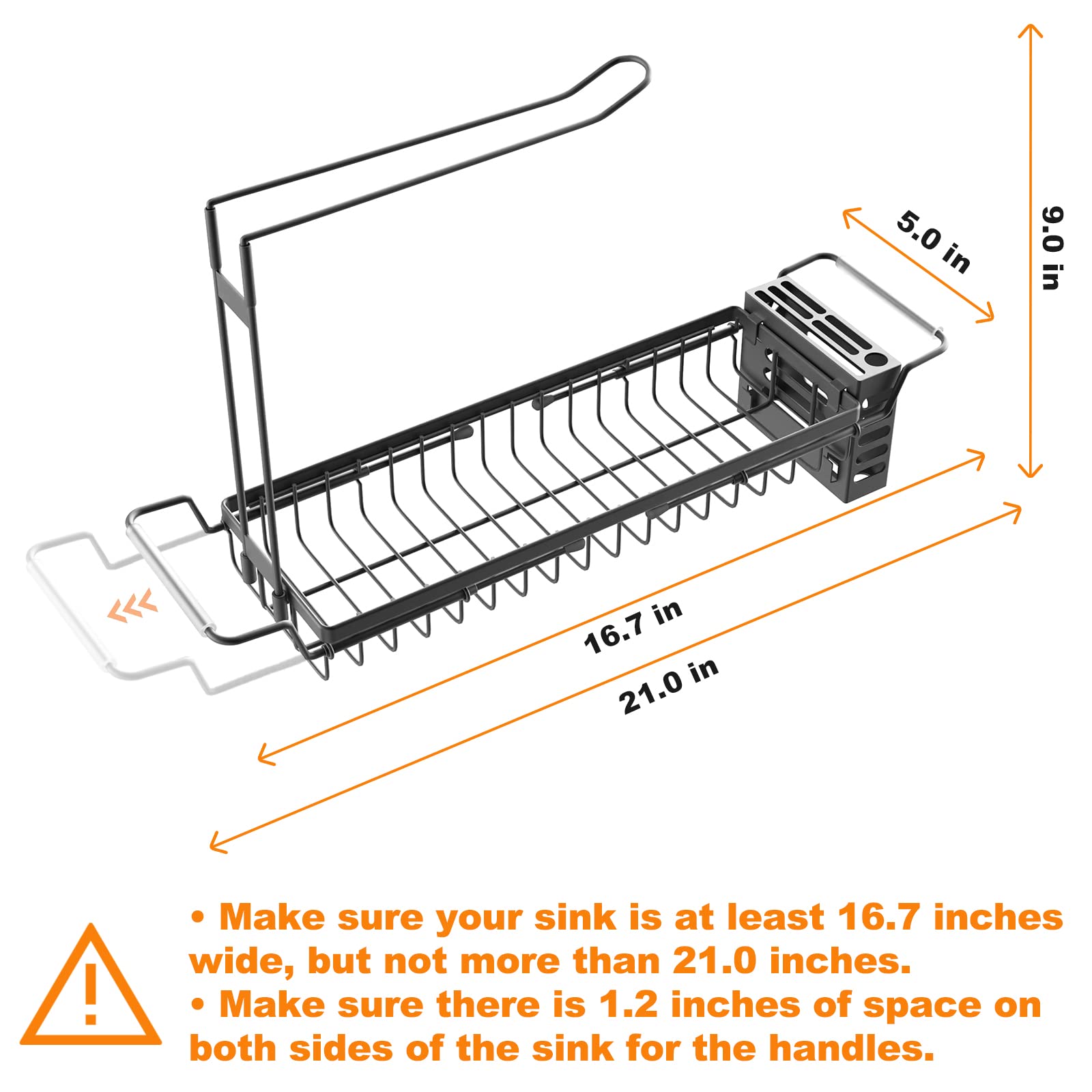 Sponge Holder for Kitchen Sink Telescopic Sink Storage Rack, Expandable for Sponge Brush Soap Dish Cloth Rag 16.7" to 21.3"(201 Stainless Steel) (Black Upgrade)