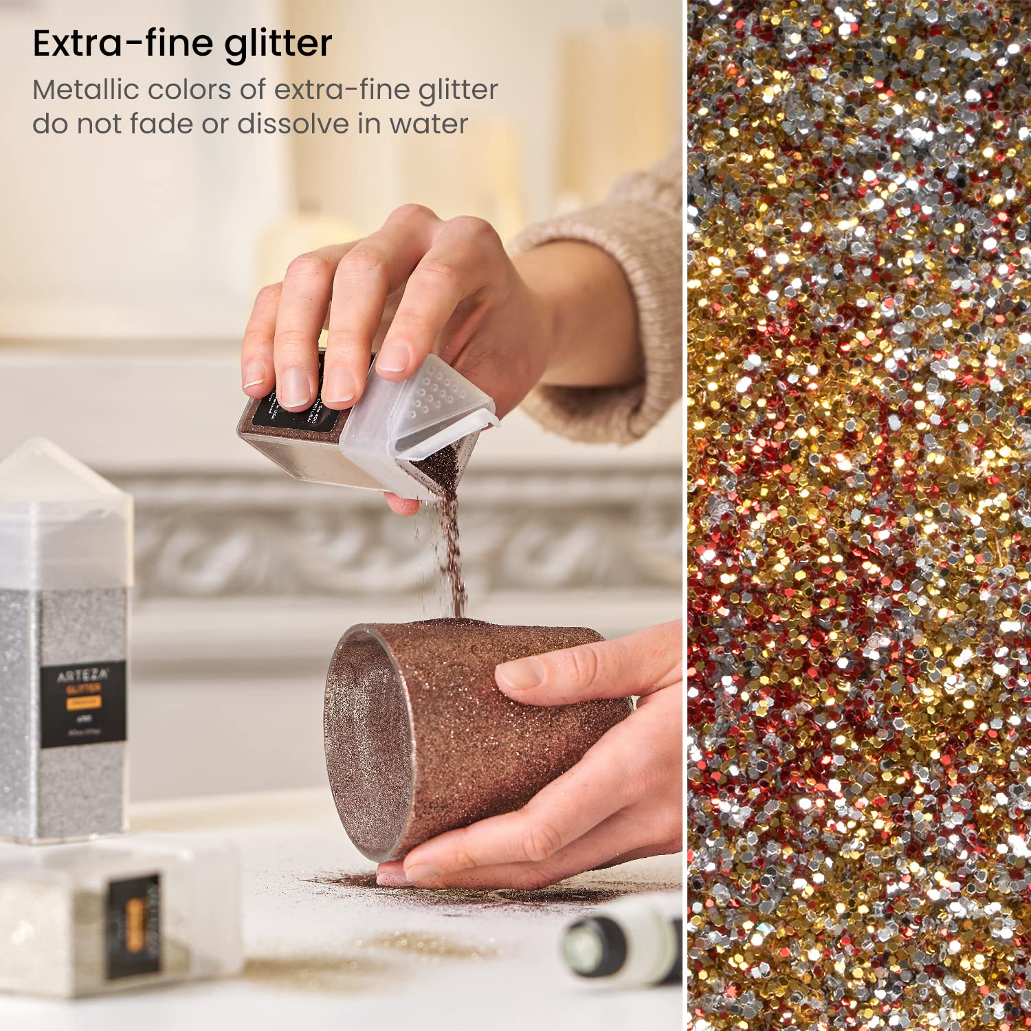 Arteza Fine Glitter, Set of 6, Metallic Glitter for Resin in 1.5-oz Bottles, Arts and Crafts Supplies for Art Class, After-School Programs, and Holiday Craft Projects