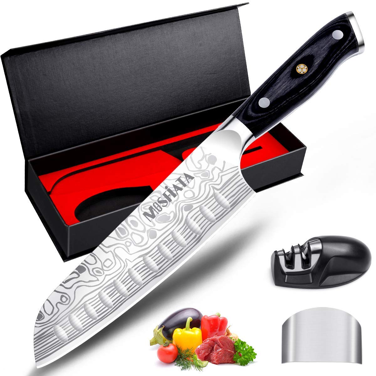 MOSFiATA 8 inch Chef's Knife & 8 inch Tatanium Plated Chef's Knife & 7 inch Santoku Knife