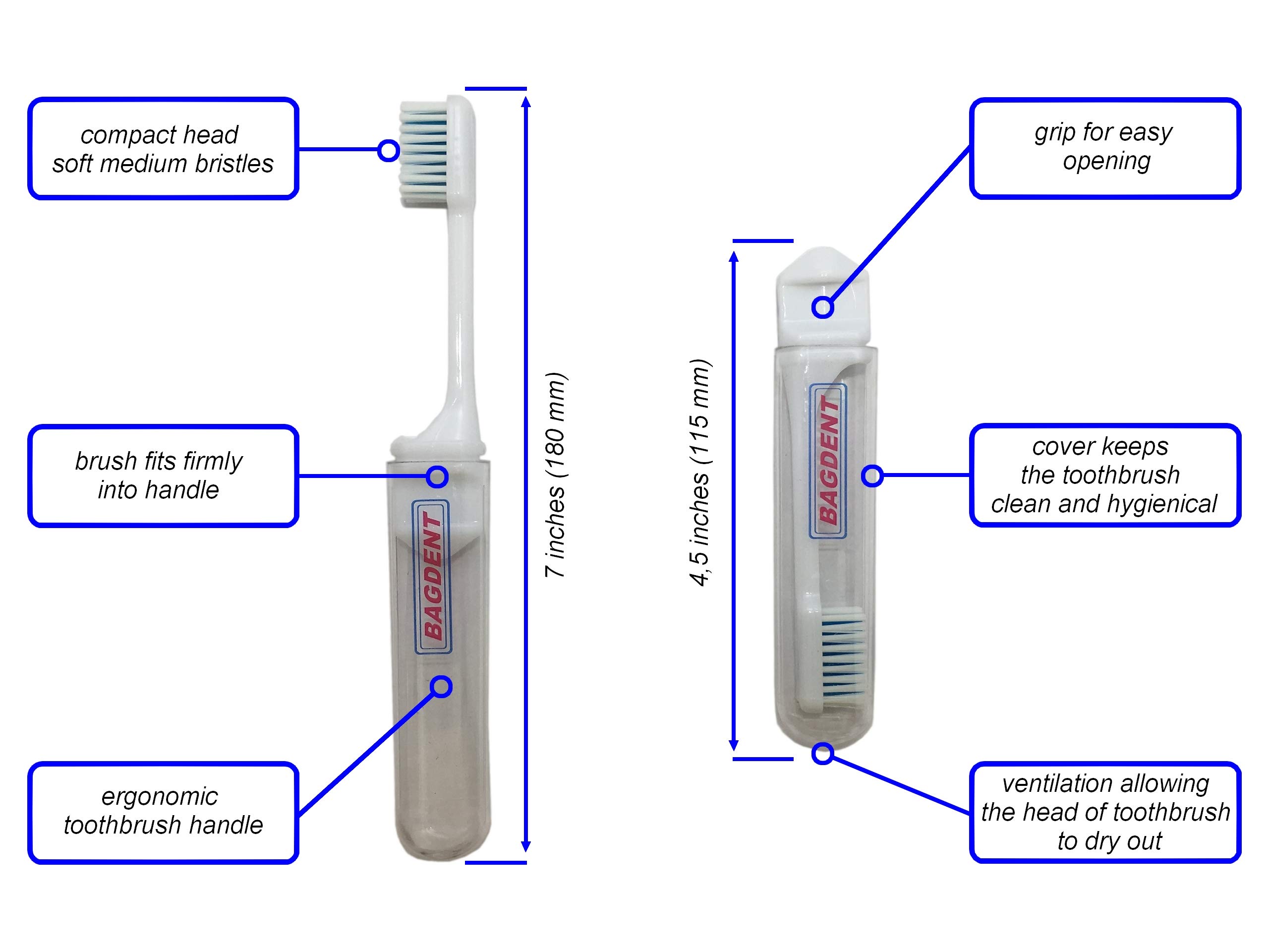 Bagdent Travel Toothbrushes and Toothpaste Empty Containers - 11 PCS/Set: 3X Foldable Toothbrushes, 6X Empty Refillable Tubes (0.12oz), 2X Filling Adapters, Travel Set, Emergency Set, Daily Use