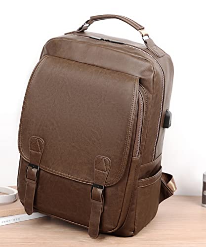 AKAKA Men Brown Outdoor Backpack Imitation Leather Weekend Bag Leisure Bag Carrying Backpack Old Fashion Traveling Laptap Backpack with USB Port.