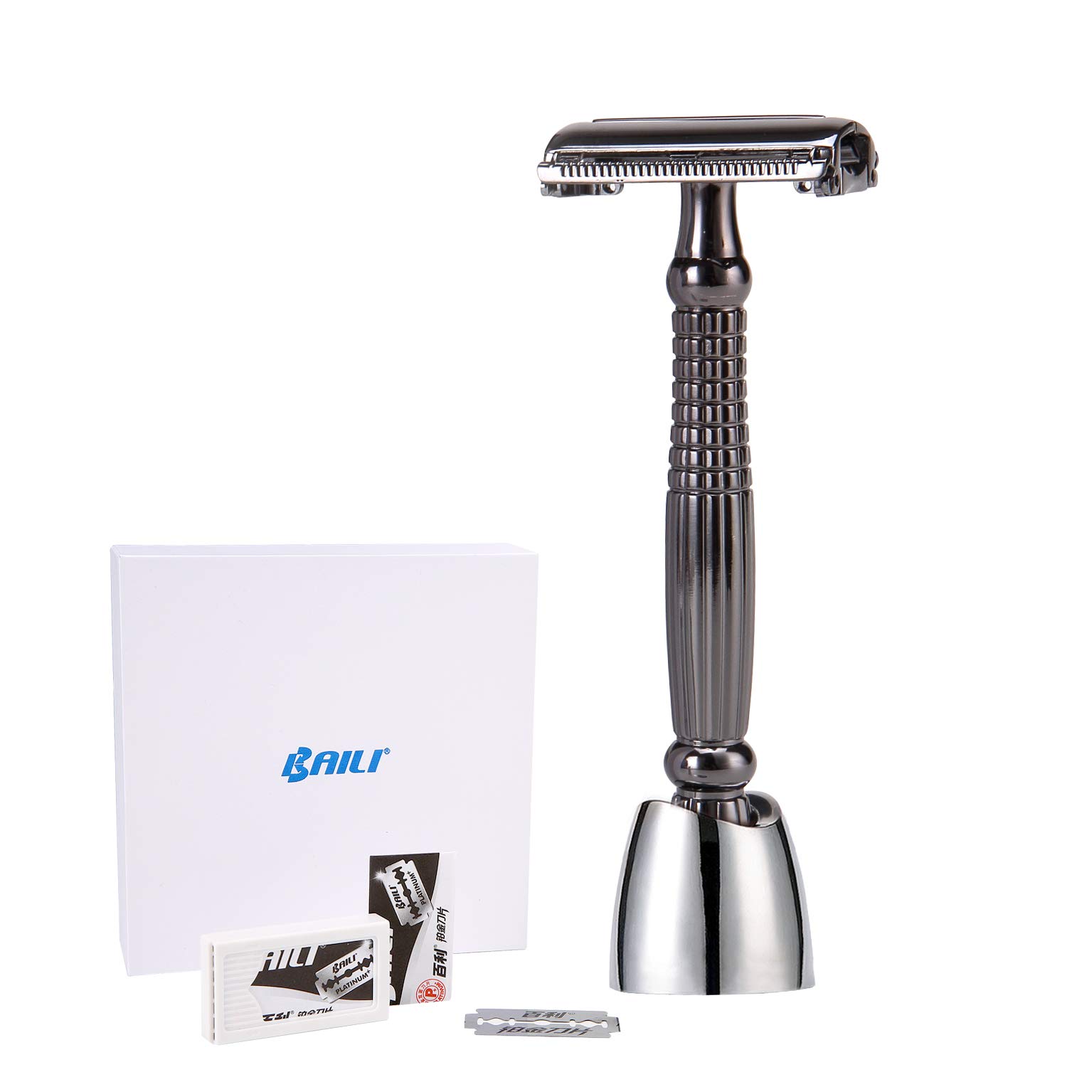BAILI Butterfly Open TTO Double Edge Safety Razor Long Handle Wet Shaving for Men Women with 5 Platinum Blades and Stand Agate Black BD278L