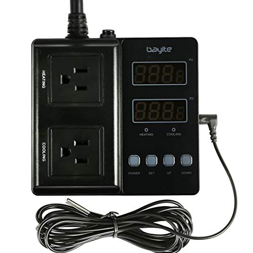 bayite Temperature Controller 1650W 15A BTC211 Dual Digital Outlet Thermostat Plug, Pre-Wired, 2 Stage Heating and Cooling Mode, 110V - 240V, Fermentation BBQ Reptile Aquarium