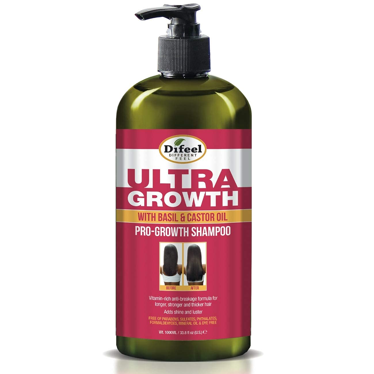 Difeel Ultra Growth Shampoo with Basil & Castor Oil - 33.8 oz, Sulfate-Free for Promoting Hair Growth