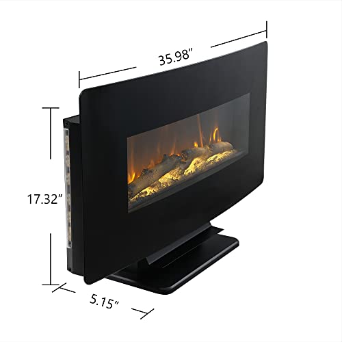 36 Inch Curved Front Electric Fireplace, Freestanding or Wall Mounted Electric Fireplace with Adjustable Flame Color & Remote Control for Apartment/Office/Bedroom, Black