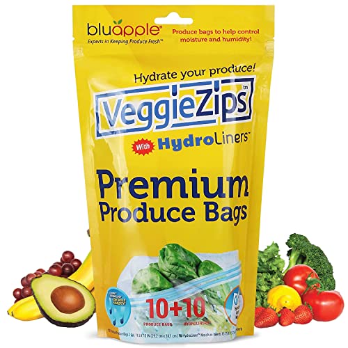 Bluapple VeggieZips Premium Produce Storage Bags - 10 Produce Food Saver Bags + 10 HydroLiners to Keep Produce Fresh Longer - Washable & Reusable Bags for Humidity Control for Fruits and Vegetables