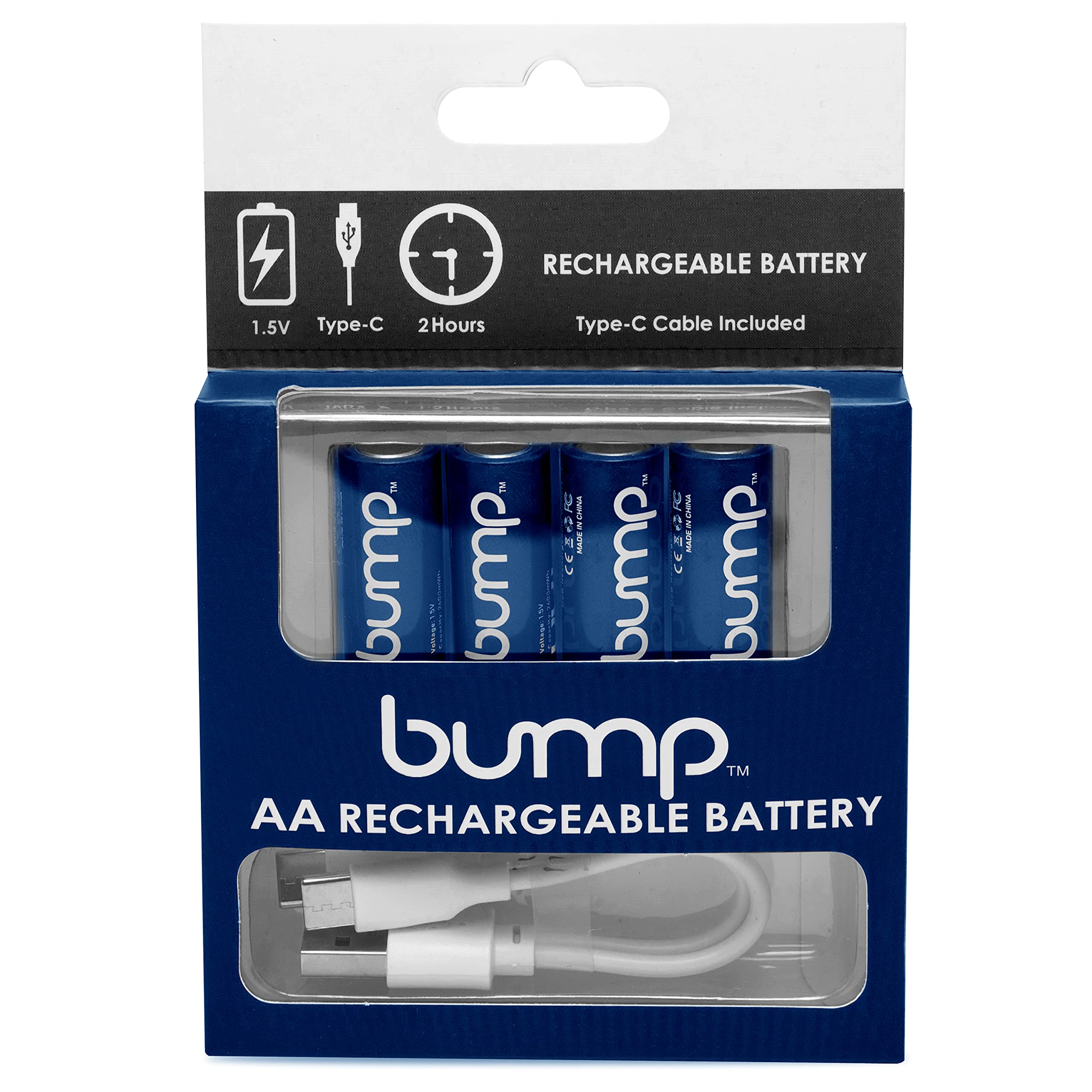bump AA 1.5V Rechargeable Batteries - 4 Pack -Lithium Ion, High Output, Fast & Long Lasting USB-C Charge, Use w/Remote Control, Battery Operated Toys, Keyboards, Wireless Mice, Charger Cable Included