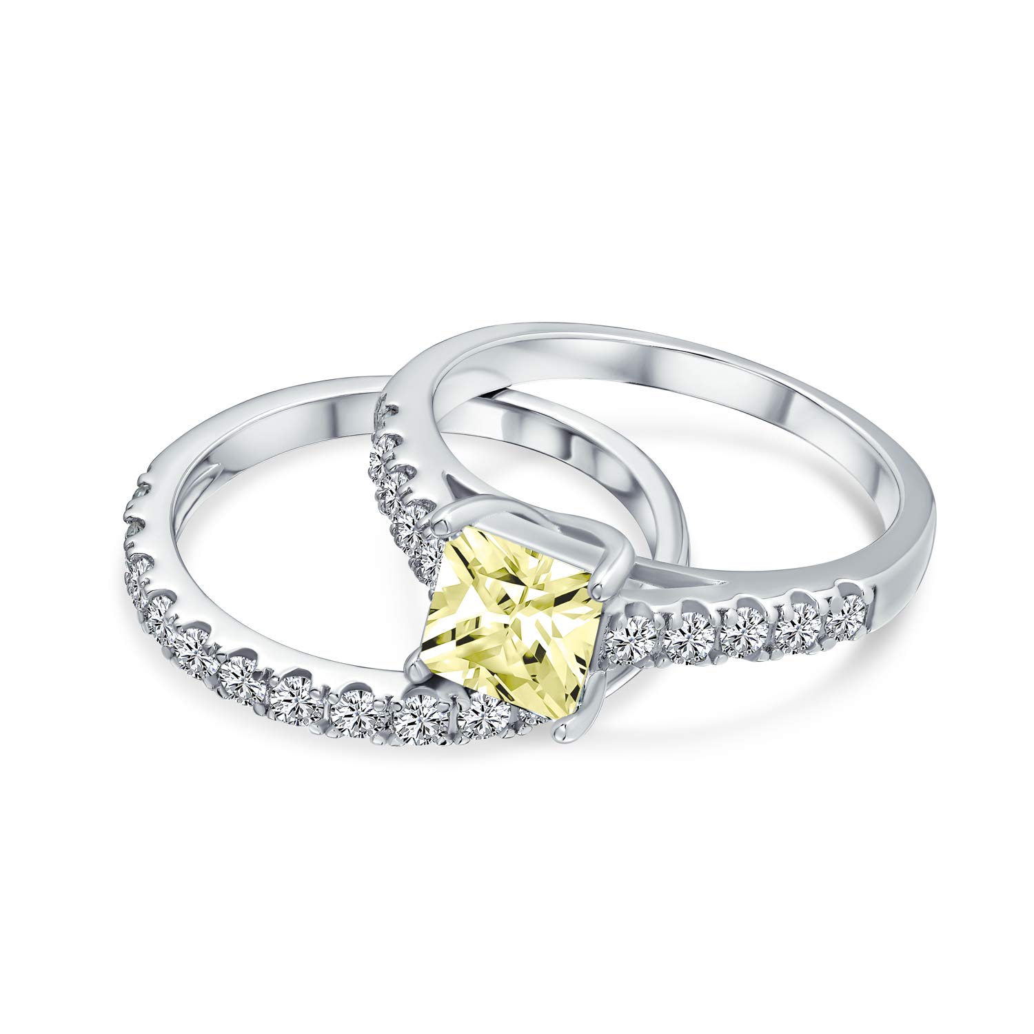 1CT Brilliant Canary Yellow Cubic Zirconia Square Princess Cut Solitaire Cathedral Setting Thin Eternity Pave Band AAA CZ Anniversary Engagement Wedding Ring Set .925 Sterling Silver