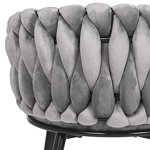 Adeco Velvet Dining Set of 2, Modern Accent Arm Living Room Black Metal Legs, Upholstered Leisure Chair with Hand Woven Backrest for Kitchen Side Table, Grey