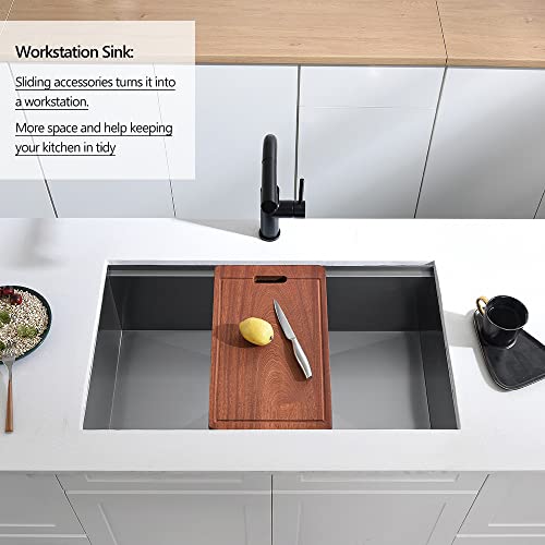 32 Gray Undermount Workstation Kitchen Sink, Dorzom 32βx19β Metallic Matte Gray Stainless Steel Undermount 18 Gauge 10 Inch Deep Single Bowl Workstation Ledge Kitchen Sink with Accessories