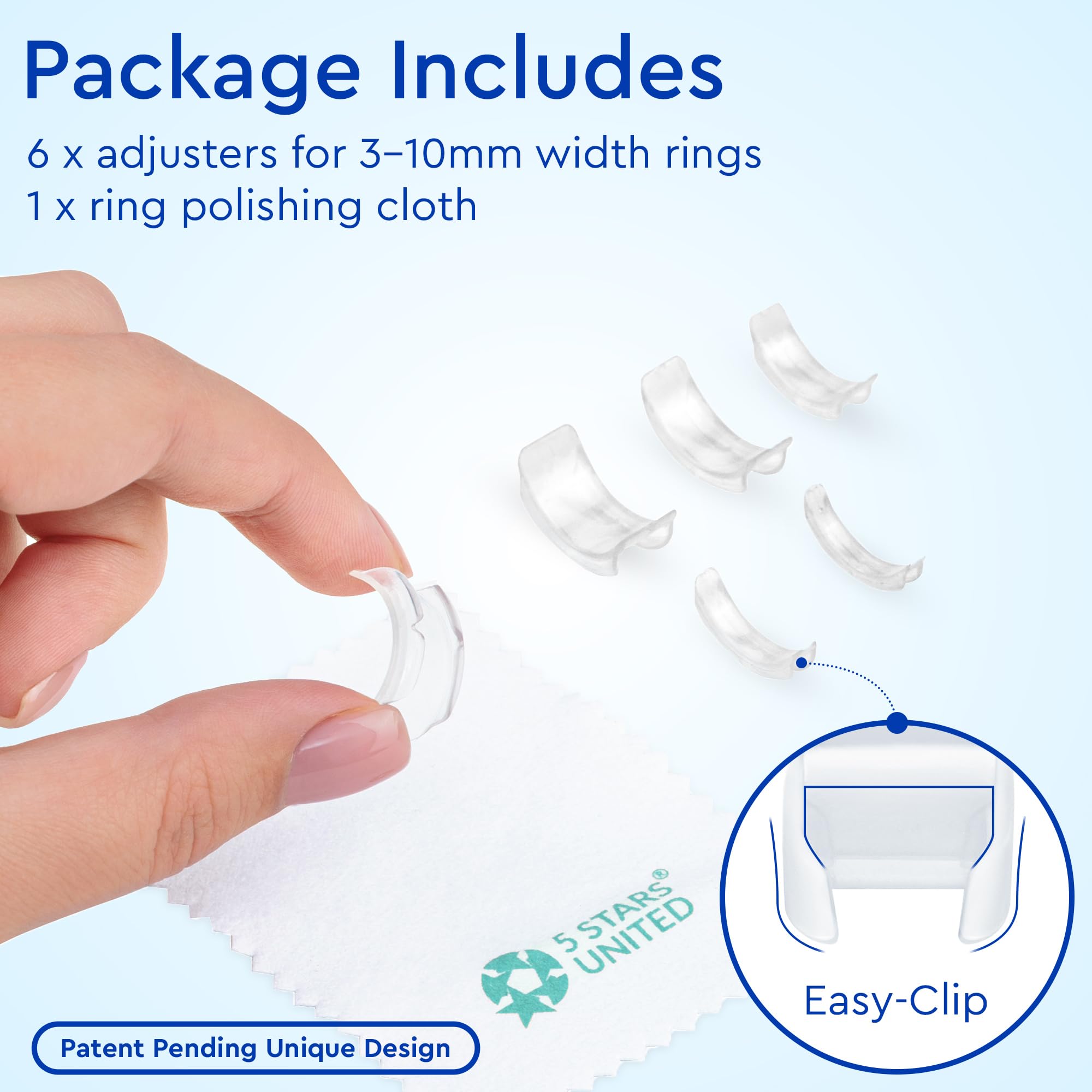 5 STARS UNITED Ring Sizers for Loose Rings - 6-Pack Easy-Clip Ring Size Adjuster for 3-10 mm Band Widths - Ring Guards for Women and Men, Transparent