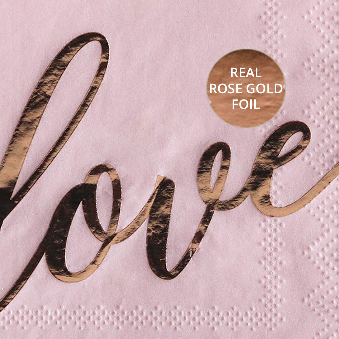 Andaz Press Pink with Rose Gold Scripted Love Saying Cocktail Napkins, Bulk 100-Pack Count 3-Ply Disposable Fun Beverage Napkins for Wedding, Bridal Shower, Bachelorette, Baby Shower, Valentine's Day