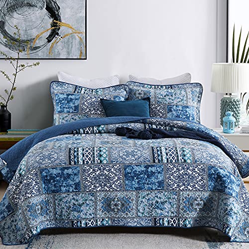 Blue Bohemain Bedspread King Quilt Set, 100% Cotton Coverlet King, Reversible Rustic Patchwork Printed Bedding Quilt Coverlet, 3 Pieces Boho Cotton Quilt Set for All Season King for Summer 94”x106“”