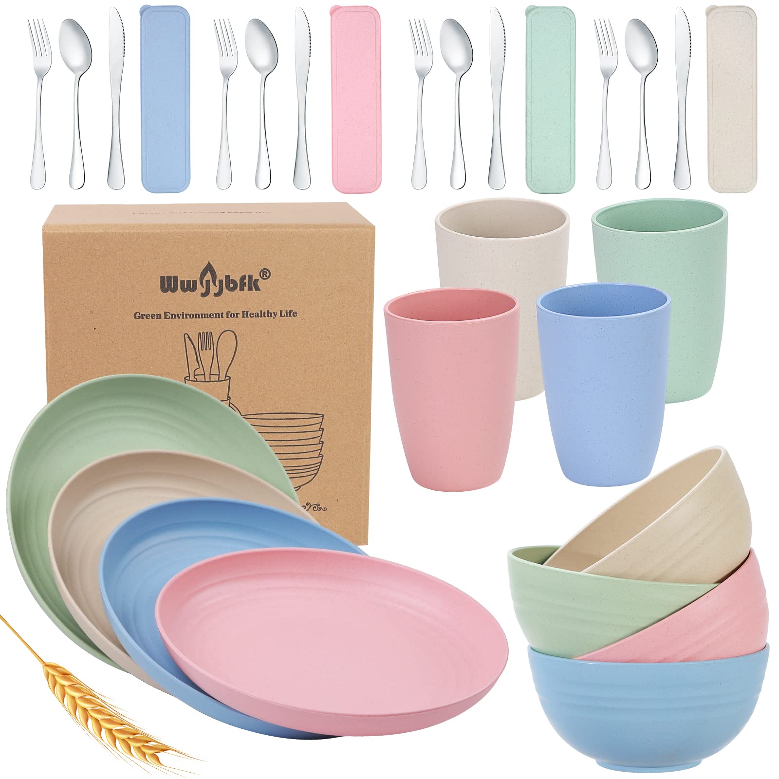 28PCS Kitchen Wheat Streaw Dinnerware Sets for 4, Wheat Straw Plates and Bowls Sets, College Dorm Dinnerware Dishes Set for 4 with Cutlery Set