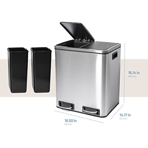 AWENN - Dual Kitchen Garbage Trash Can with Lid and Pedal - Touchless Round Shape Waste Bin - Stainless Steel Dustbin for Kitchen, Bathroom, Office and Outdoors β Black (7.9 Gallon β 30 Liters)