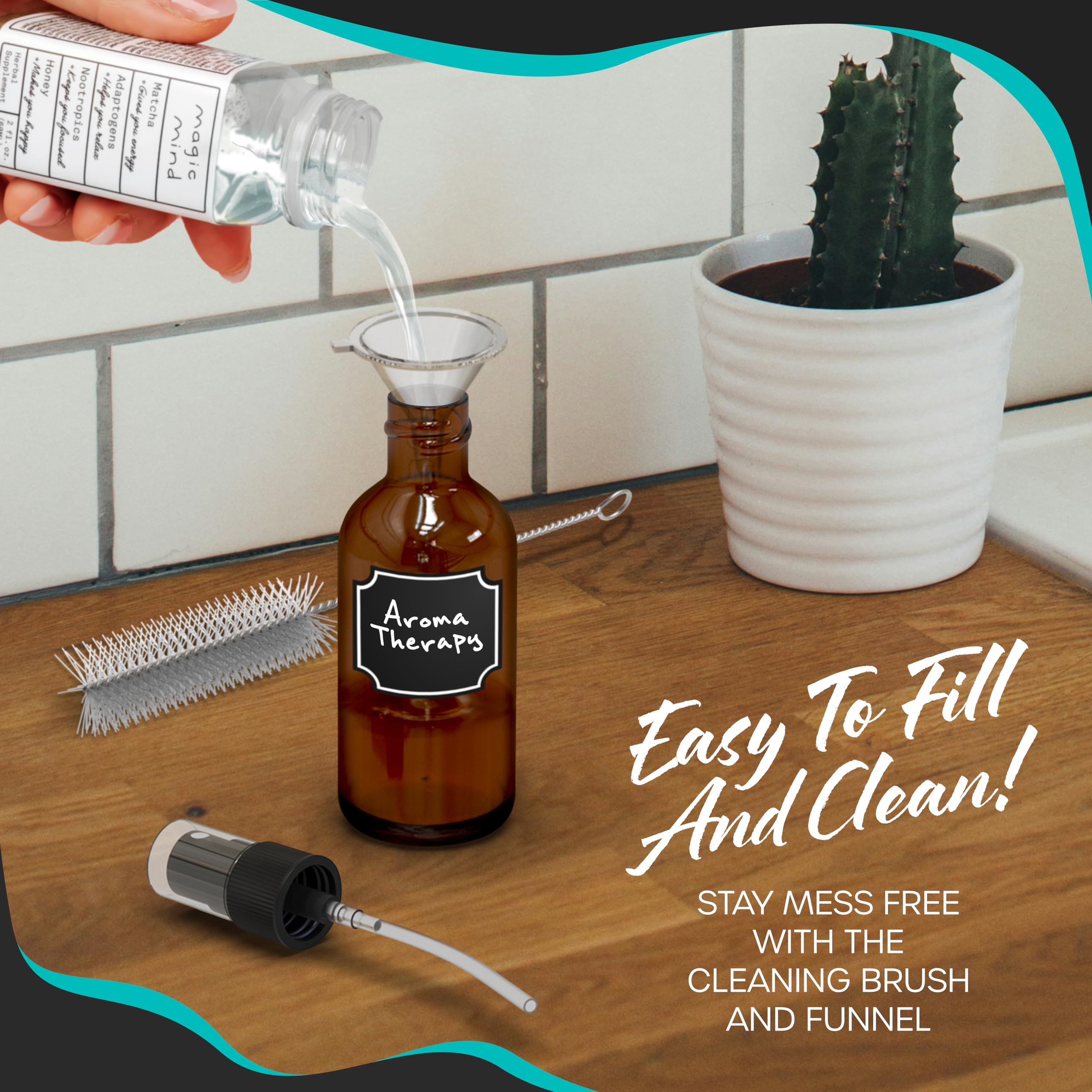 Nevlers 48 Pack Amber 2 Oz Spray Glass Bottle | The Amber Misting Glass Bottles Includes Sprayers & a Funnel and Brush with Bonus Labels to Easily Identify its Contents