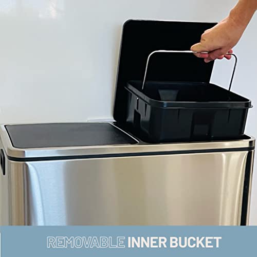 AWENN - Dual Kitchen Garbage Trash Can with Lid and Pedal - Touchless Round Shape Waste Bin - Stainless Steel Dustbin for Kitchen, Bathroom, Office and Outdoors โ Black (12.7 Gallon โ 48 Liters)