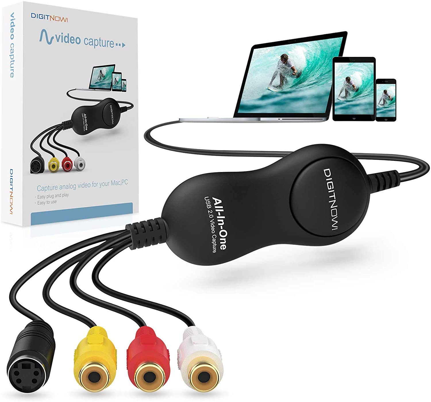 DIGITNOW USB 2.0 Video Capture Card Device Video Grabber One Touch VHS VCR TV to DVD Converter, Transfer VHS Home Videos to Mac OS X PC Windows 7 8 10