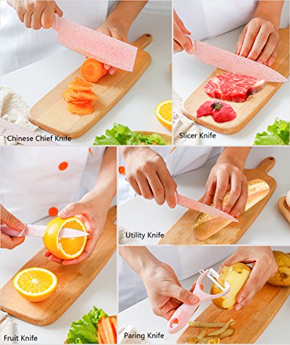 Bonaweite Pink Knife Set, Pink Knife Set With Block, Pink Kitchen Knife Set, Pink Kitchenware Knives, Chef Pink Cooking Knife Set, Wheat Straw Stainless Steel Pink Knives Kitchen Ware